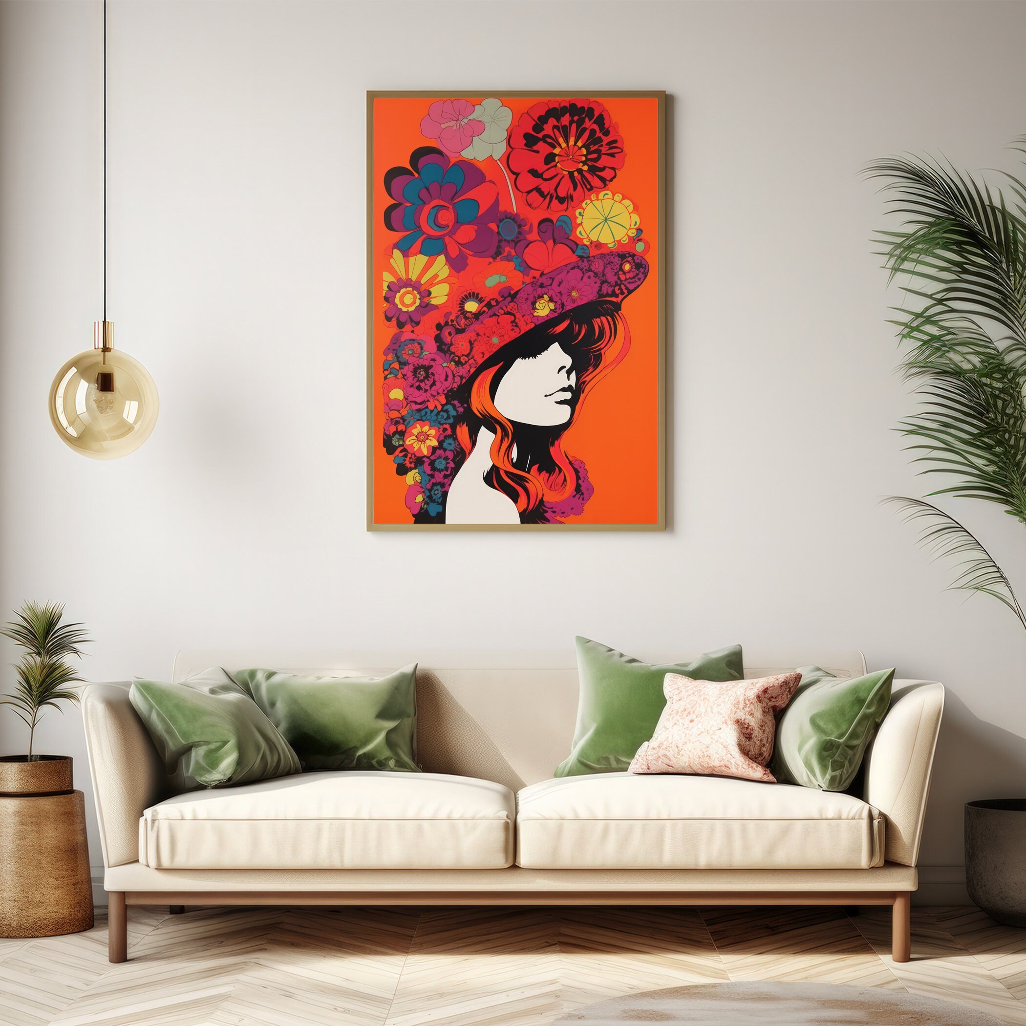60s Psychedelic Woman Painting, 1960s Art Style, Floral Hippie Art ...