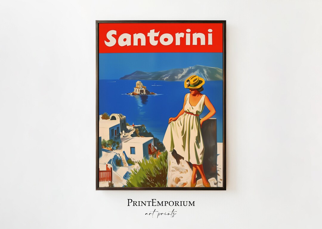 Retro Santorini Greece Poster | Vintage Travel Art | Mediterranean ...