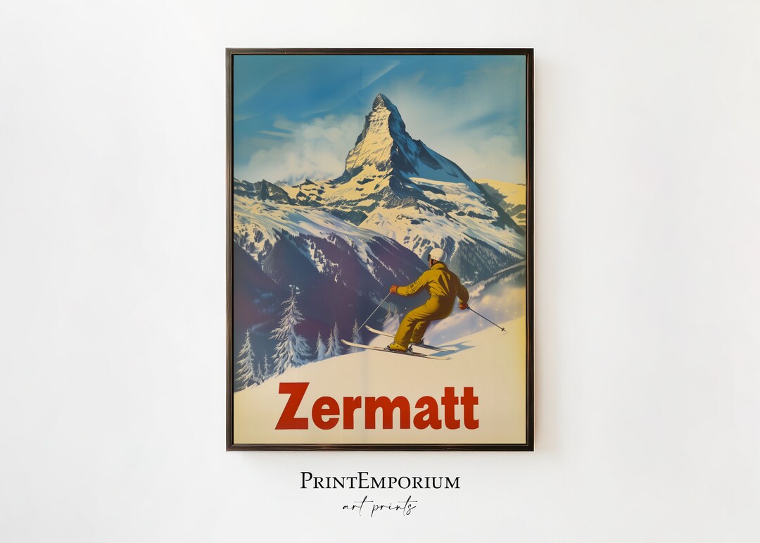 Vintage Zermatt Ski Poster, Retro Wall Art, Swiss Alps Travel Art ...