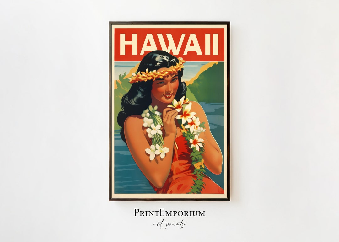 Retro Hawaii Travel Poster, Printable Tropical Wall Decor, Floral Wall ...