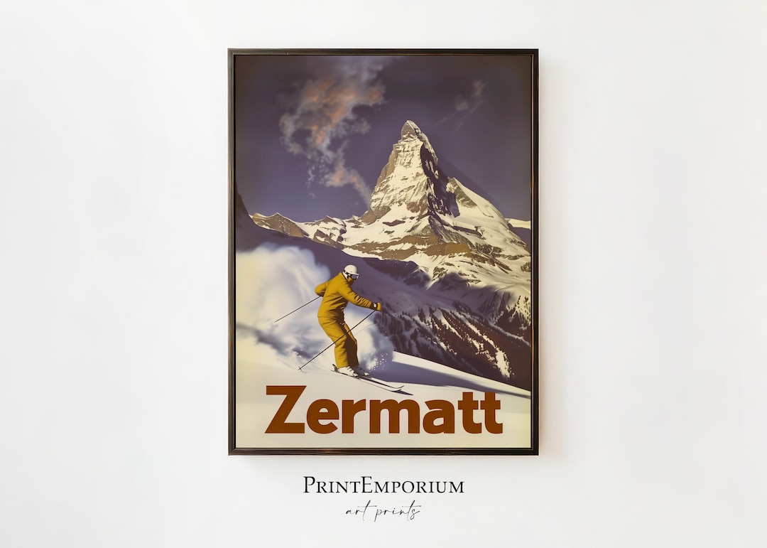 Vintage Zermatt Ski Poster | Retro Swiss Alps Travel Art | Matterhorn ...