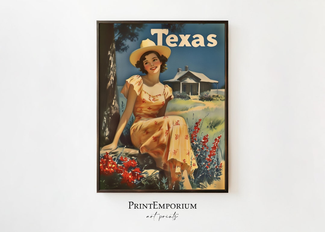 Vintage Texas Travel Poster, Rustic Western Decor, Desert Landscape ...