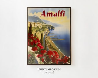 Vintage Italy Travel Poster: Retro Amalfi Coast Print Colorful Wall Art ...
