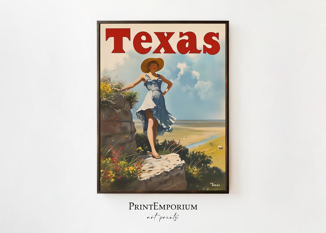 Vintage Texas Travel Poster, Rustic Western Decor, Desert Landscape ...