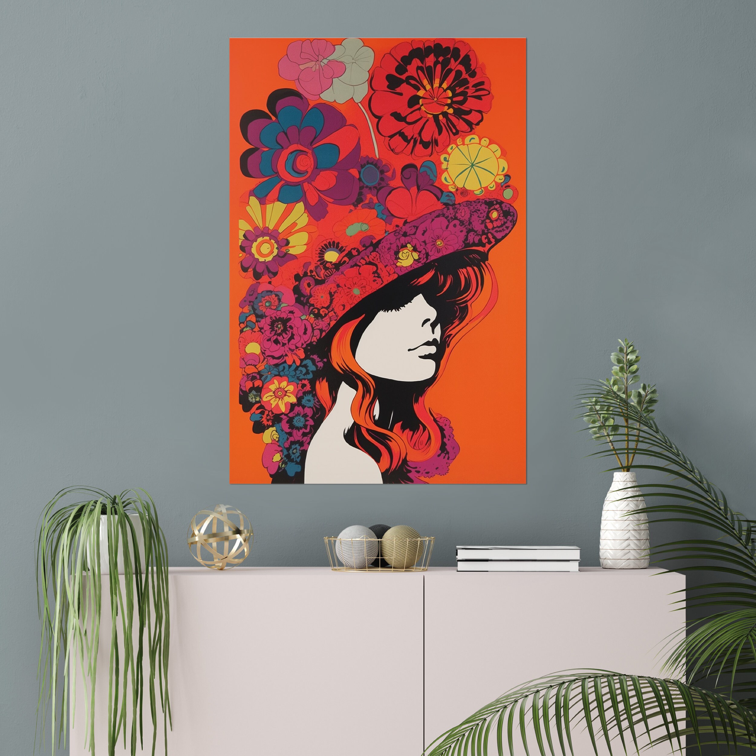 60s Psychedelic Woman Painting, 1960s Art Style, Floral Hippie Art ...
