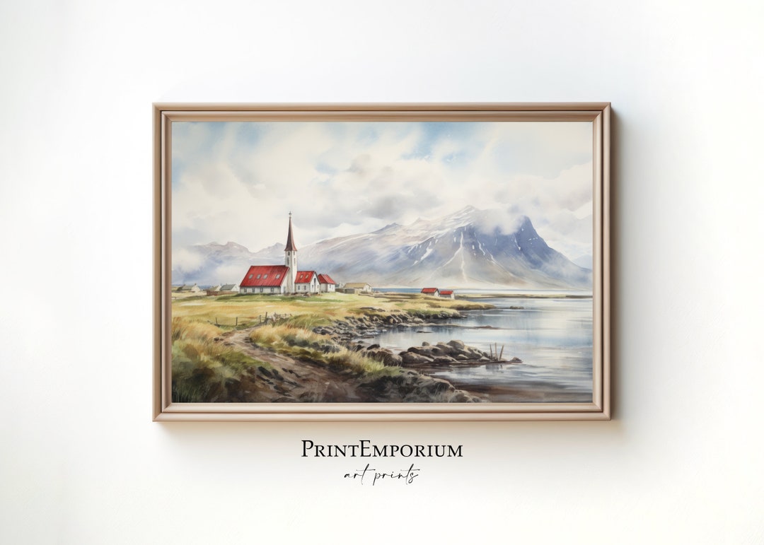 Iceland Landscape Art Print, Vintage Watercolor Painting, Iceland Art ...