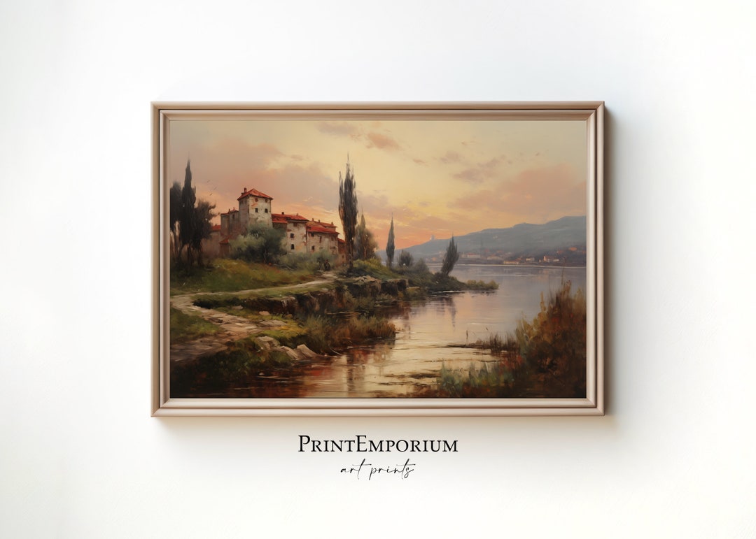 Vintage Lake Como Villa Painting | Sunset Italian Landscape Print ...