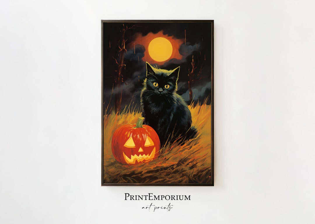 Vintage Halloween Black Cat Art, Retro Halloween Decor, Spooky Season ...