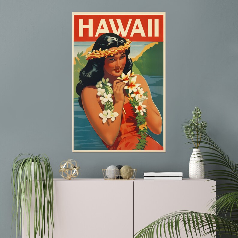 Retro Hawaii Travel Poster, Printable Tropical Wall Decor, Floral Wall ...