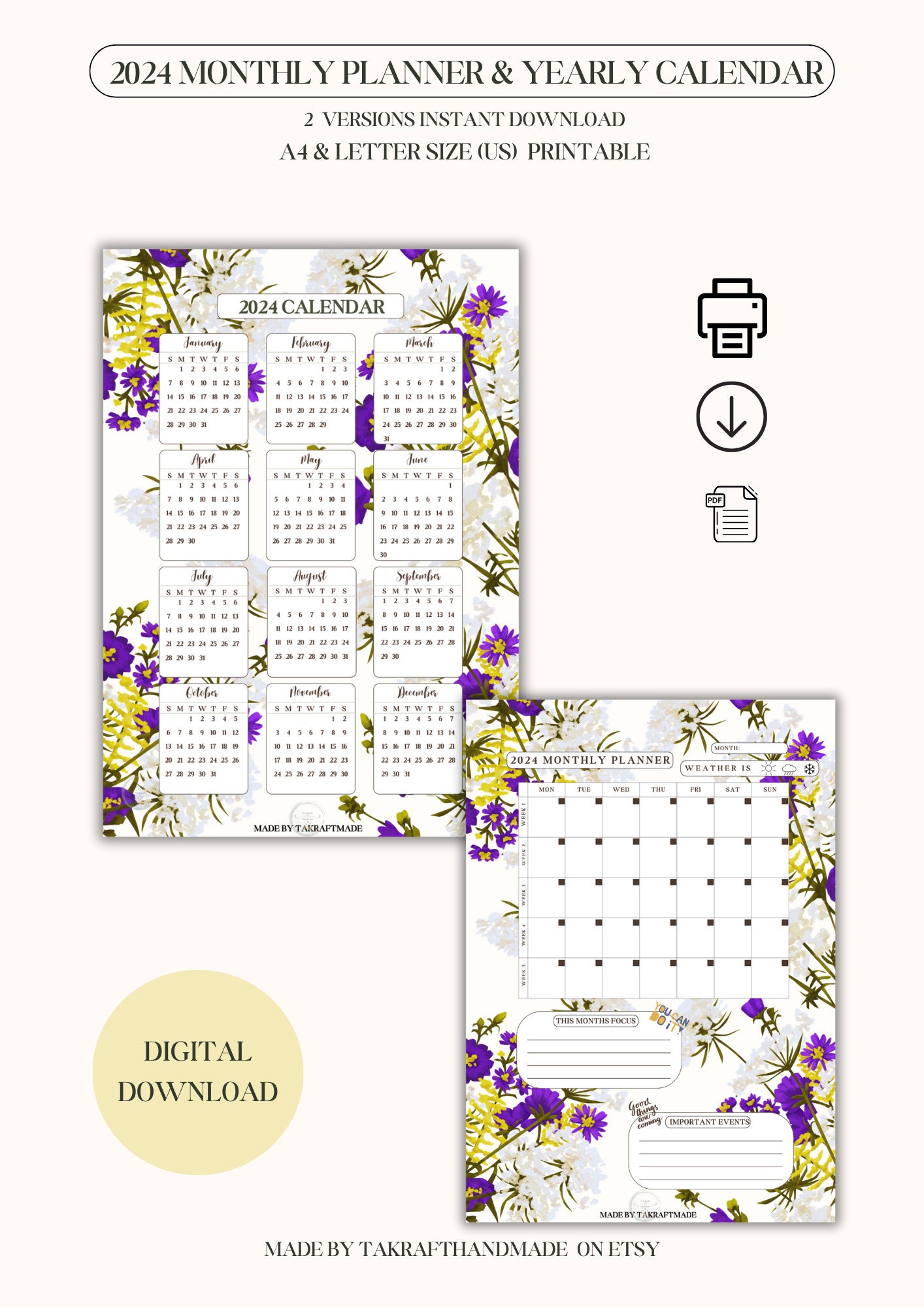 Digital Planner, PDF Planner, Printable, Monthly, Daily, Weekly ...