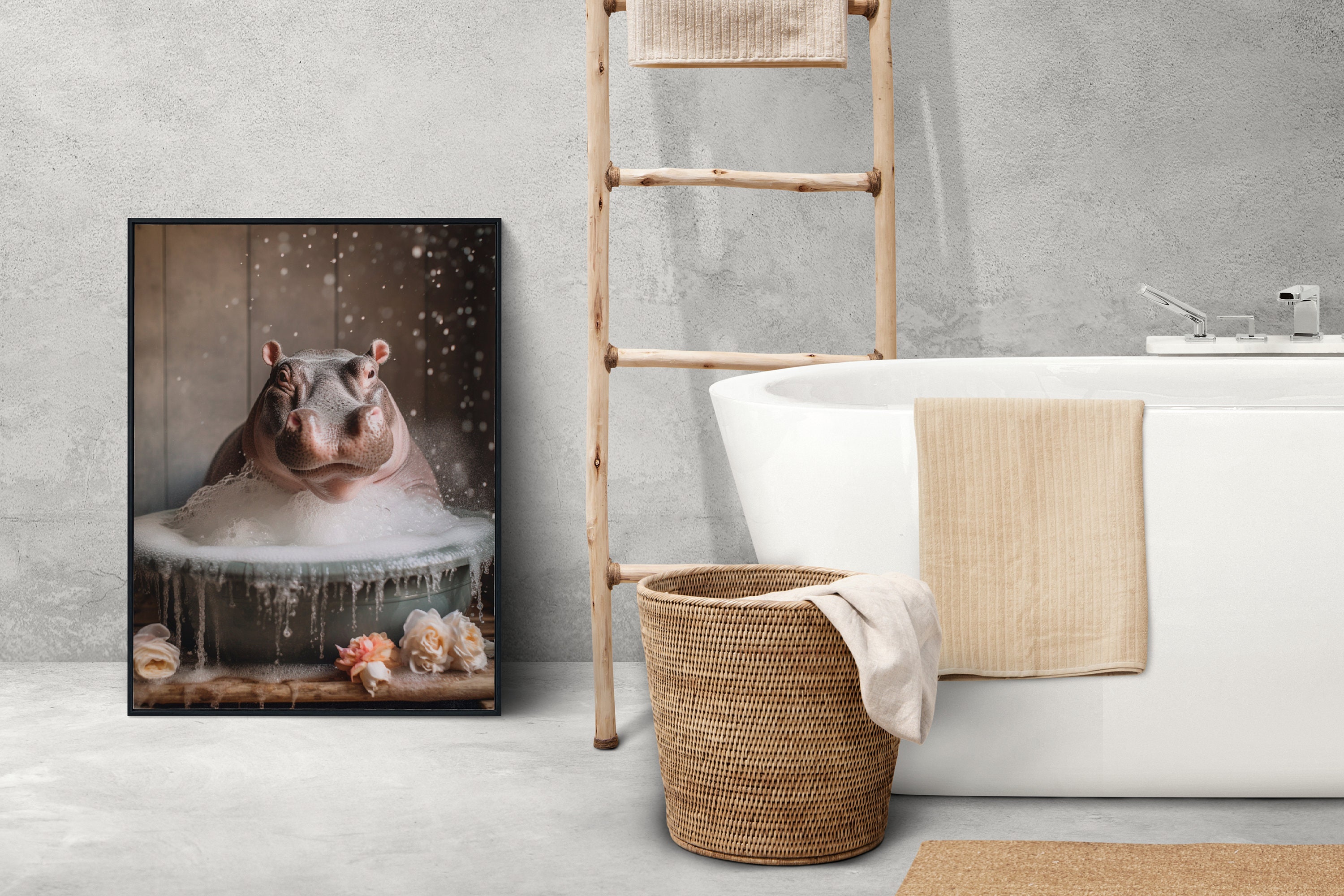 Hippo in Boho Bathtub Printable Wall Art Hippo Photo - Etsy
