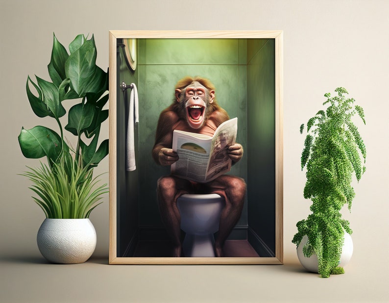 Monkey Reading Newspaper - Funny Bathroom Art, Toilet Humor Decor ...