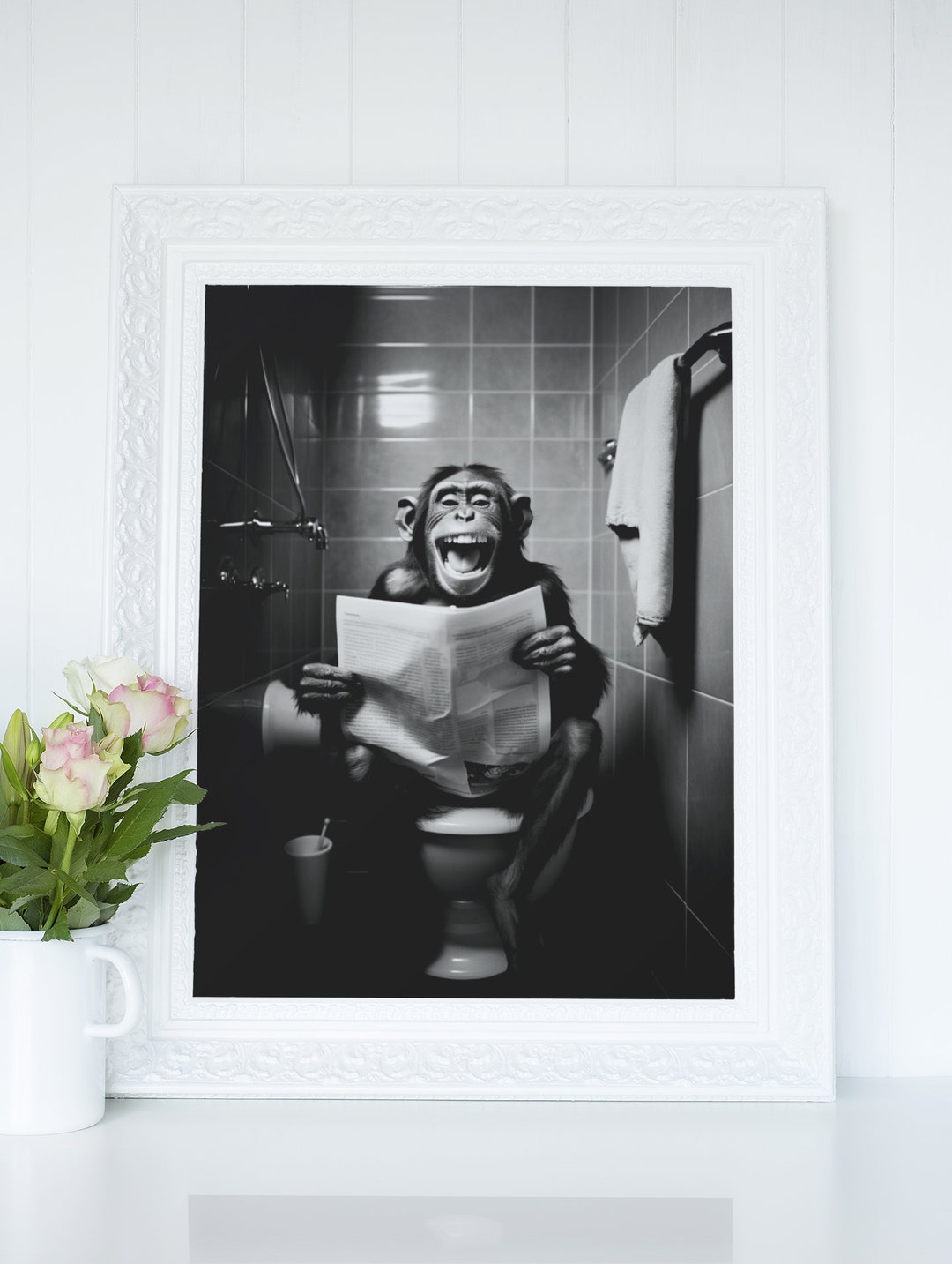 Monkey Reading Newspaper Funny Bathroom Art, Toilet Humor Decor ...