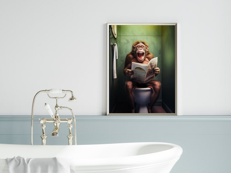 Monkey Reading Newspaper Funny Bathroom Art, Toilet Humor Decor ...