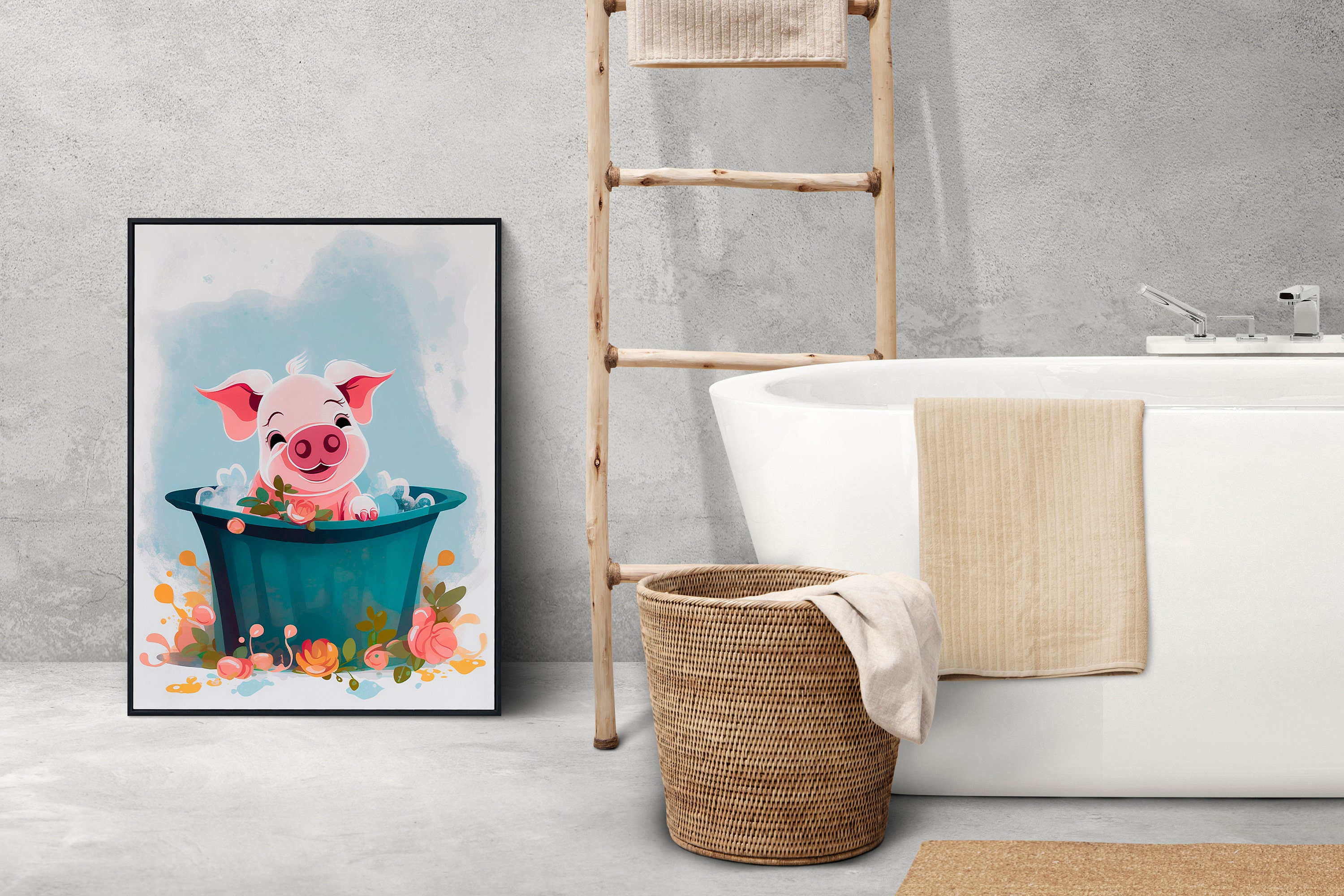 Pig in Boho Bathtub - Printable Wall Art, Funny Pig Portrait, Kids ...