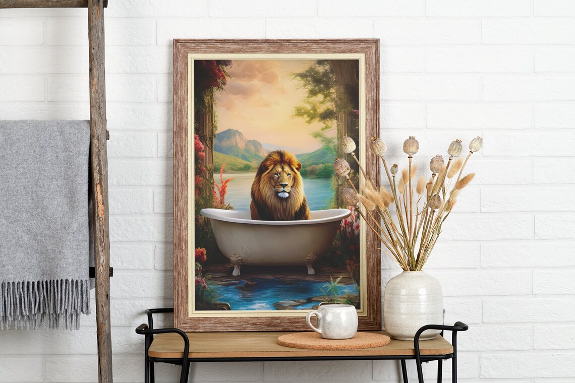 Lion in a Bathtub Printable Wall Art, Whimsical Lion Portrait, Kids ...