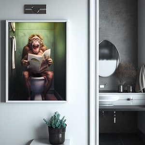 Monkey Reading Newspaper - Funny Bathroom Art, Toilet Humor Decor ...
