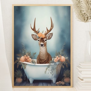 Deer in Bathtub - Printable Wall Art, Cute Deer Portrait, Kids Bathroom ...