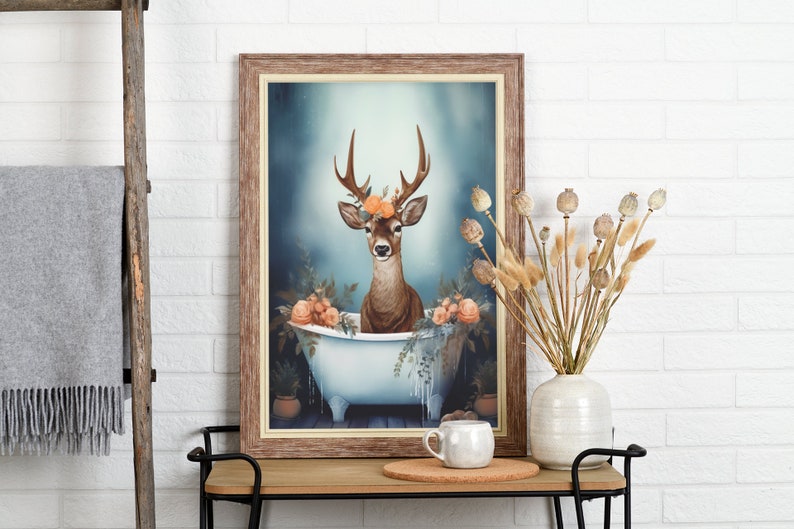 Deer in Bathtub - Printable Wall Art, Cute Deer Portrait, Kids Bathroom ...