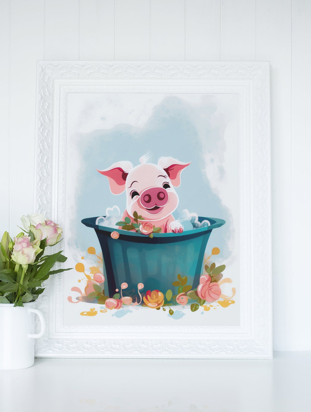 Pig in Boho Bathtub - Printable Wall Art, Funny Pig Portrait, Kids ...