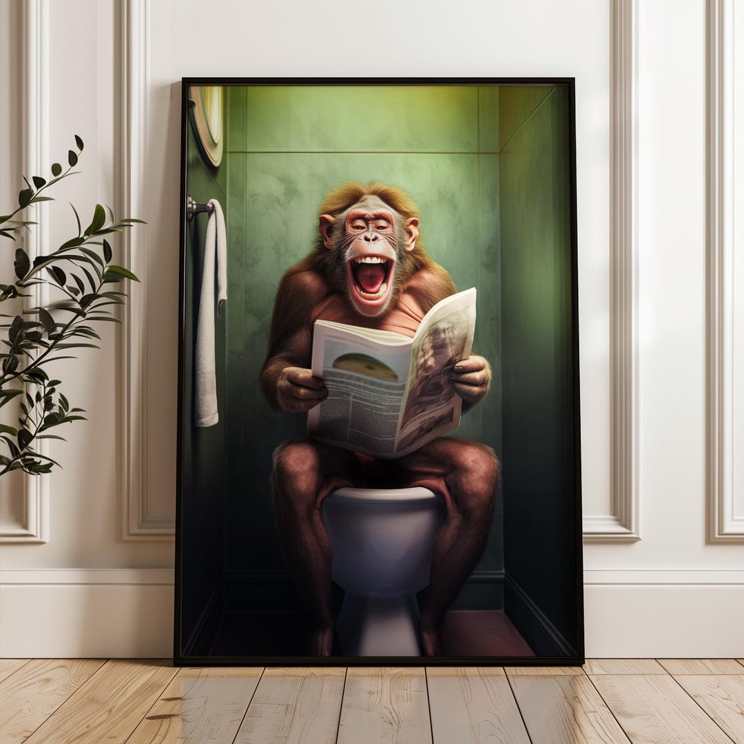 Monkey Reading Newspaper - Funny Bathroom Art, Toilet Humor Decor ...