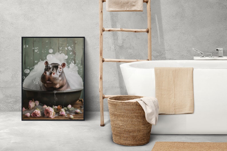 Hippo in Boho Bathtub - Printable Wall Art, Hippo Photo Portrait ...