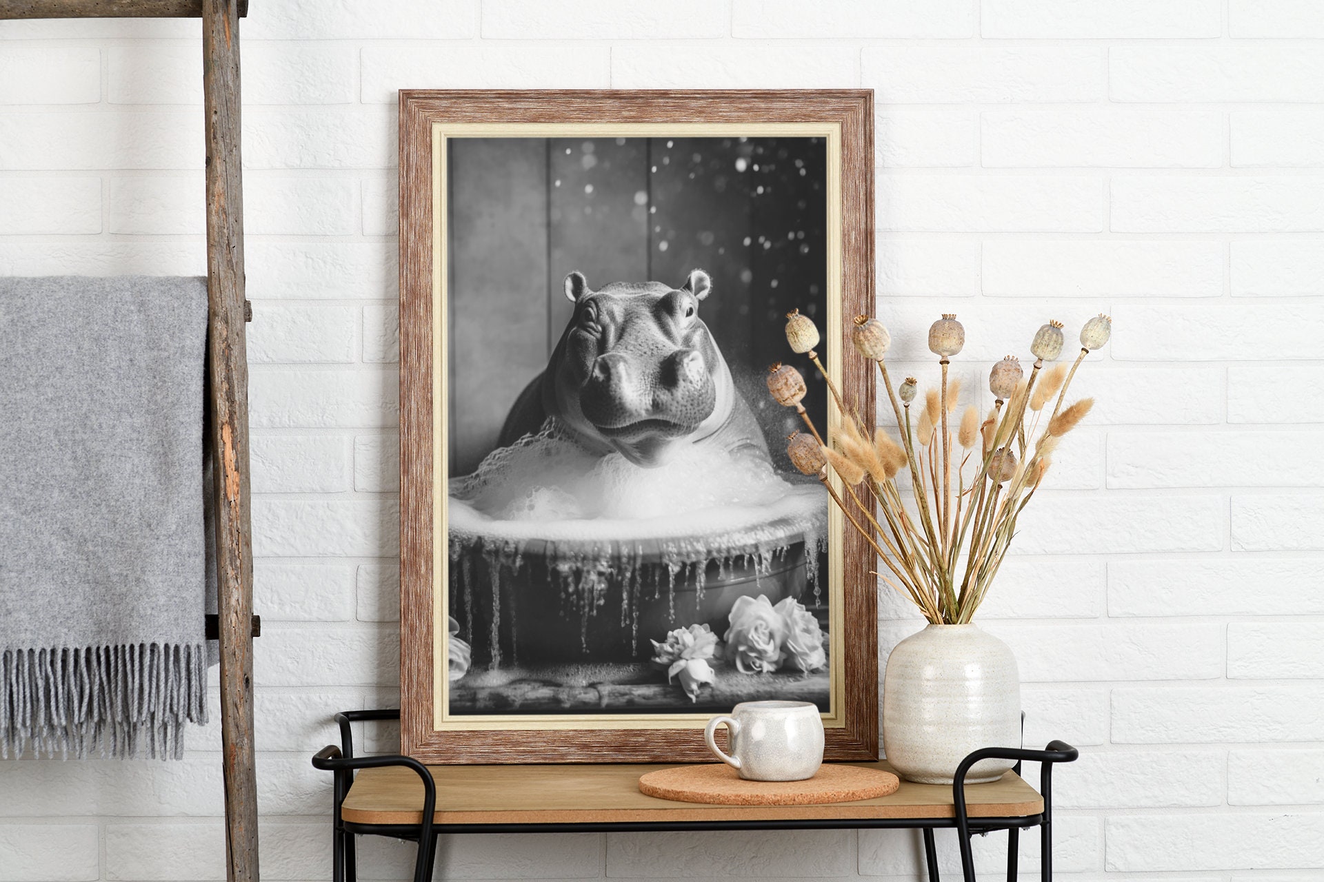 Hippo in Boho Bathtub Printable Wall Art, Hippo Photo Portrait ...