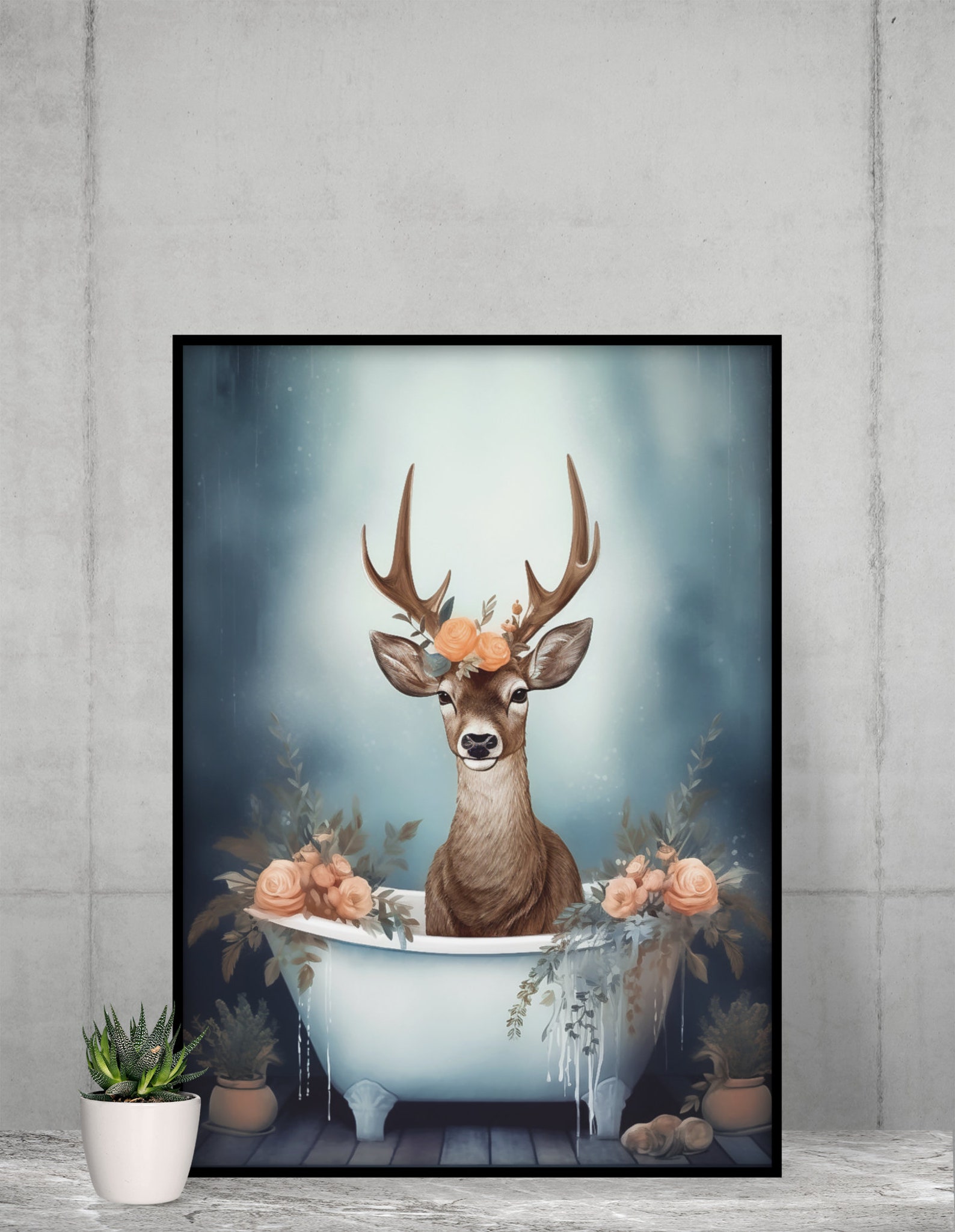 Deer in Bathtub Printable Wall Art, Cute Deer Portrait, Kids Bathroom ...