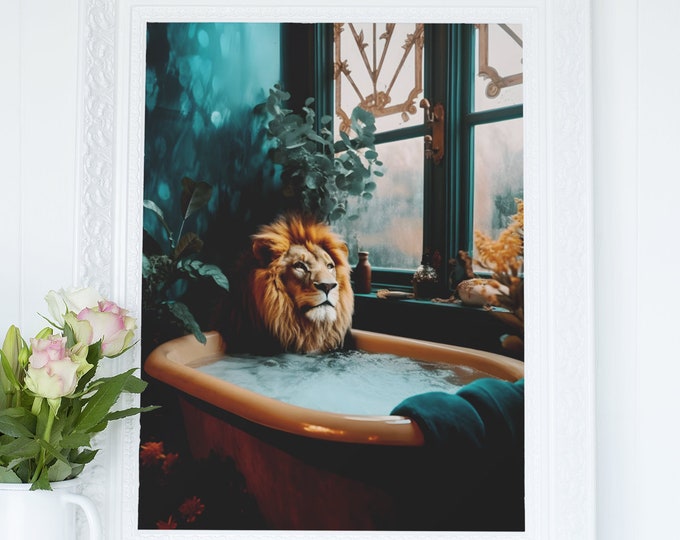 Lion in a Vintage Bathtub, Rustic Bath Style in Black and White, Lion ...