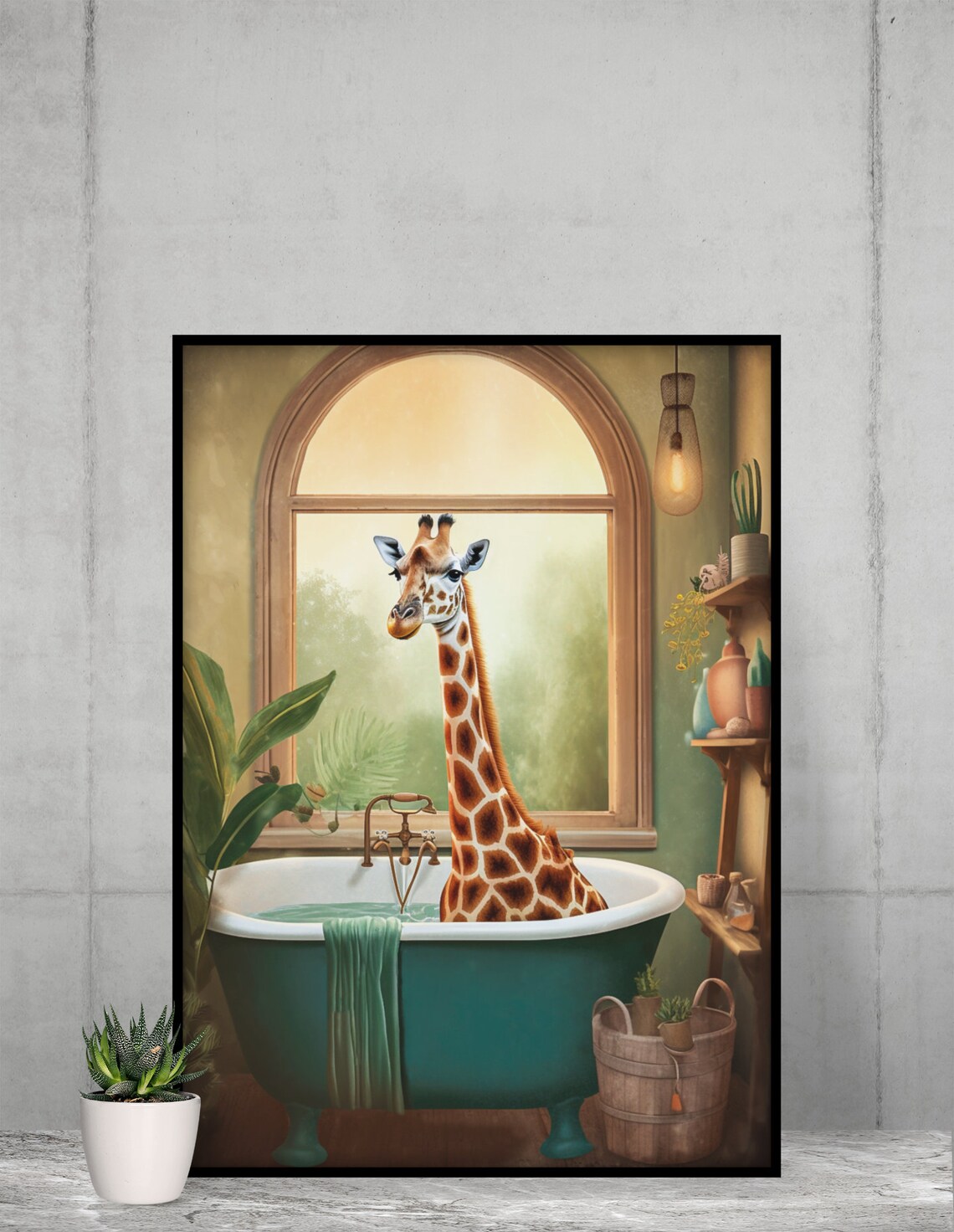 Giraffe in Bathtub Printable Wall Art, Whimsical Giraffe Portrait ...
