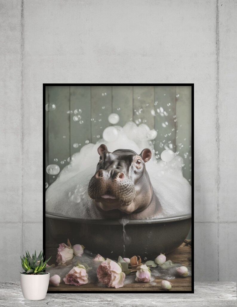 Hippo in Boho Bathtub Printable Wall Art, Hippo Photo Portrait ...