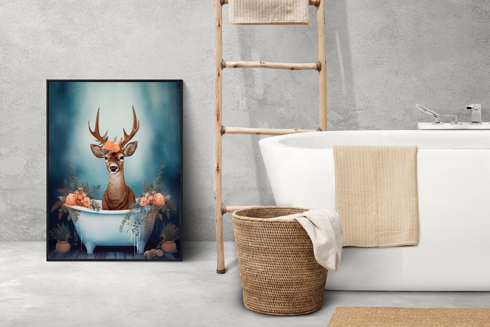 Deer in Bathtub Printable Wall Art, Cute Deer Portrait, Kids Bathroom ...