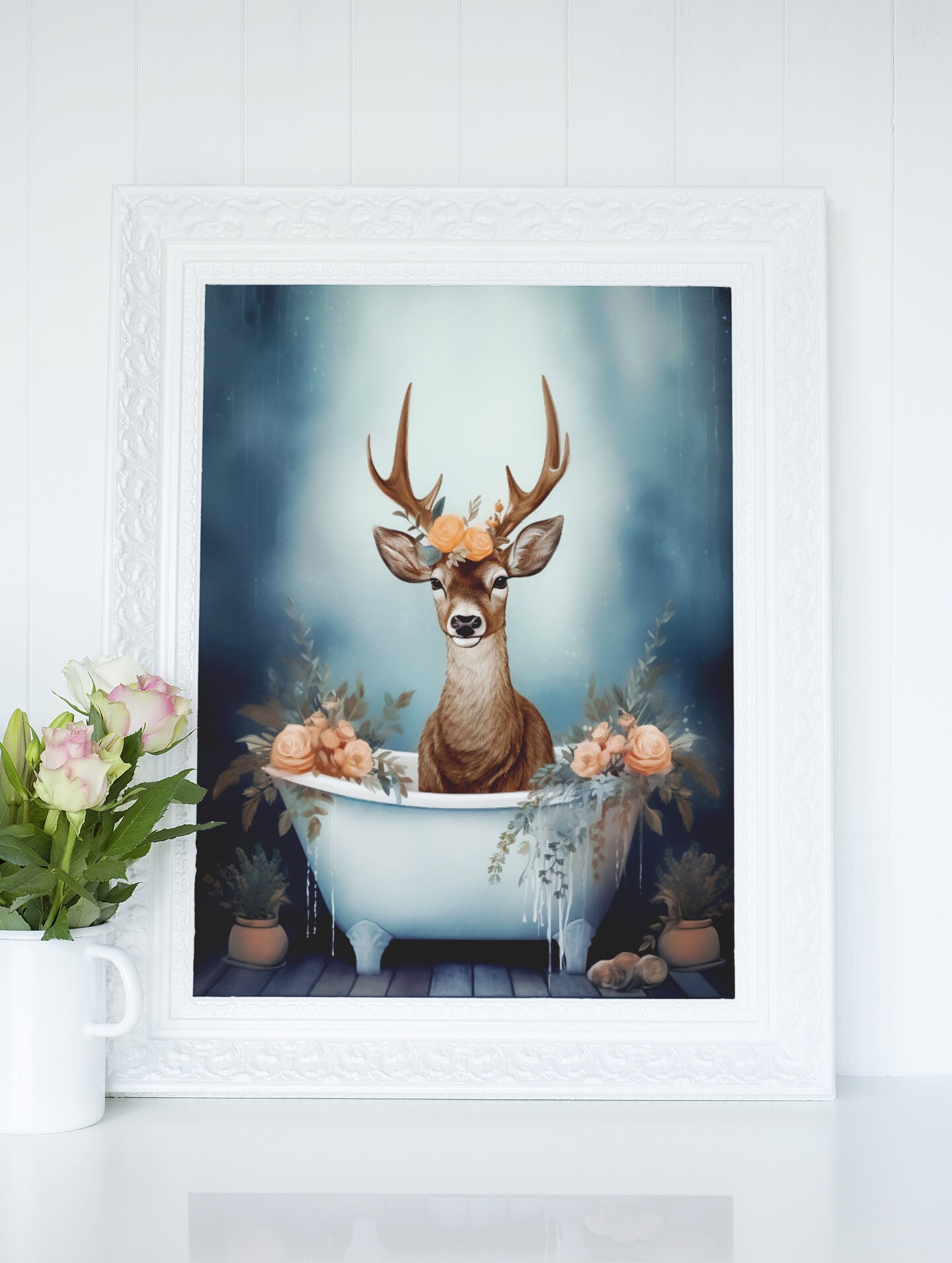 Deer in Bathtub - Printable Wall Art, Cute Deer Portrait, Kids Bathroom ...