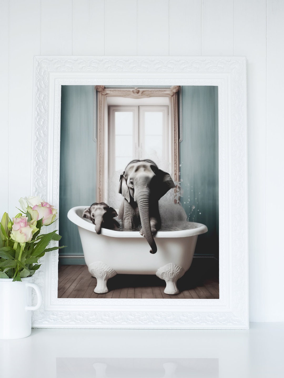 Mum and Baby Elephant in Bathtub Printable Wall Art, Mother's Day Gift ...