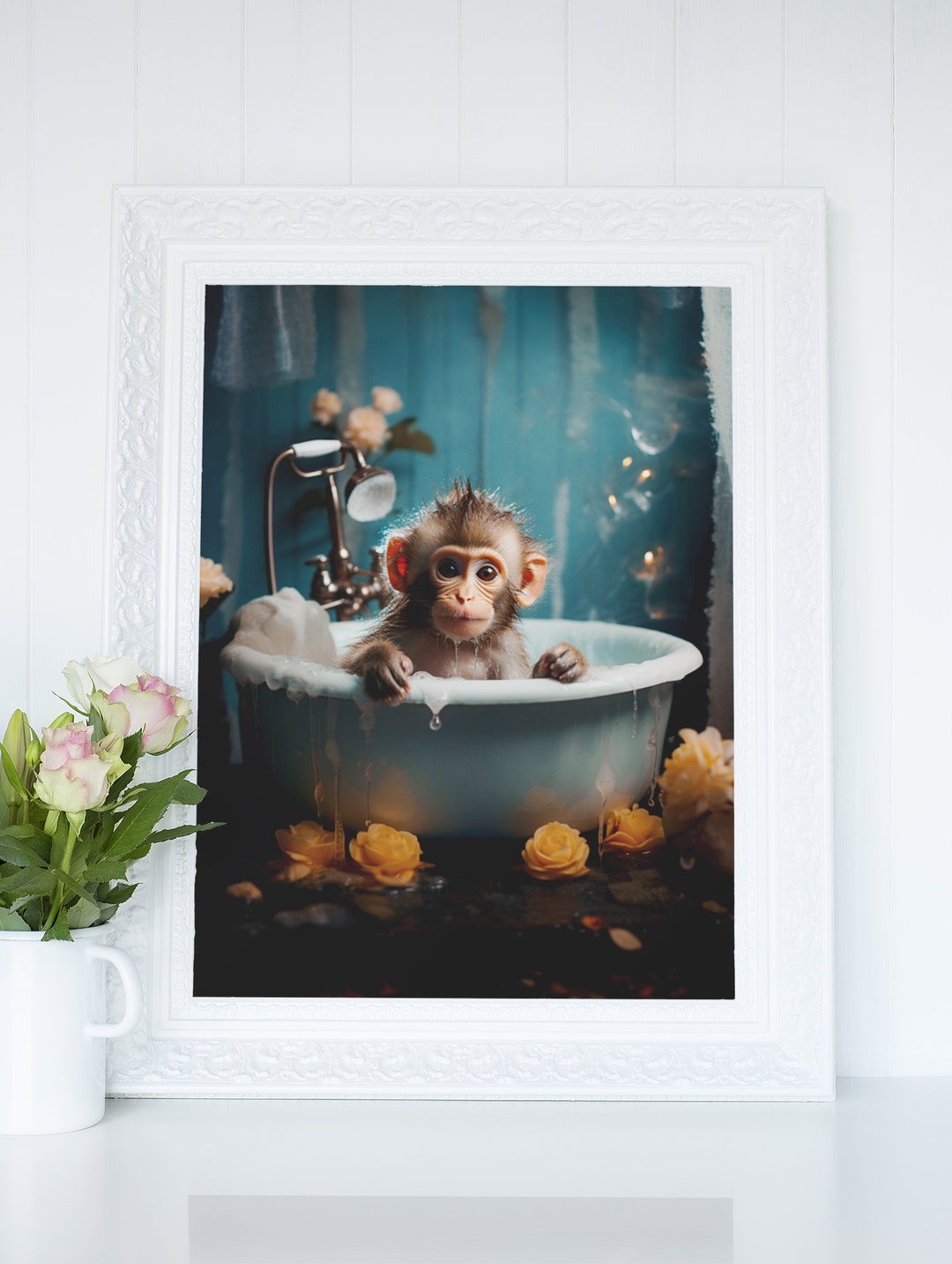 Boho Bathing Monkey Printable Wall Art, Playful Baby Monkey in Bathtub ...