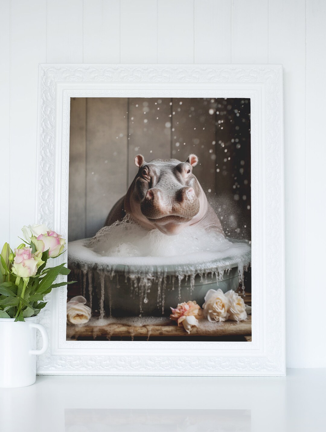 Hippo in Boho Bathtub - Printable Wall Art, Hippo Photo Portrait ...