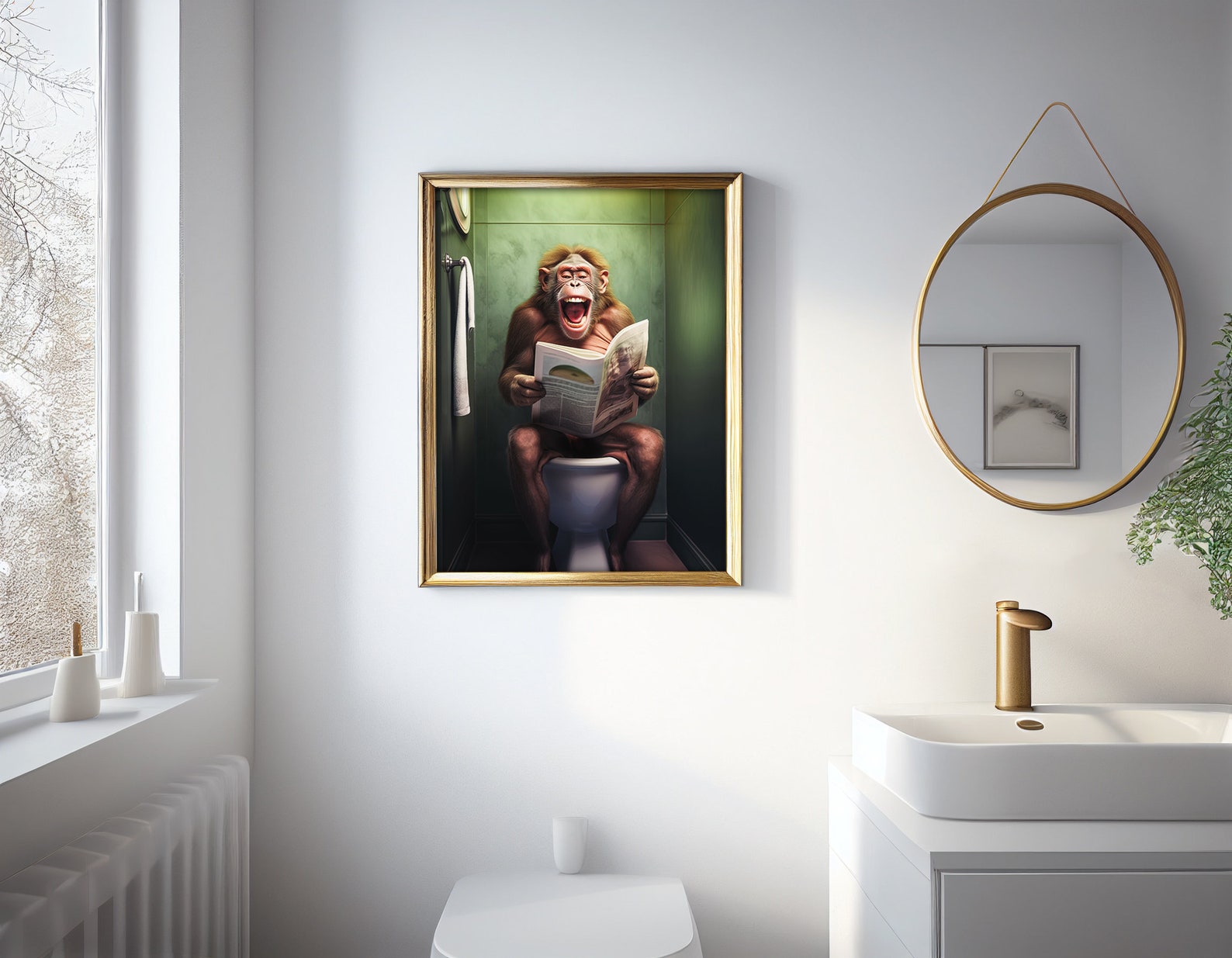 Monkey Reading Newspaper - Funny Bathroom Art, Toilet Humor Decor ...
