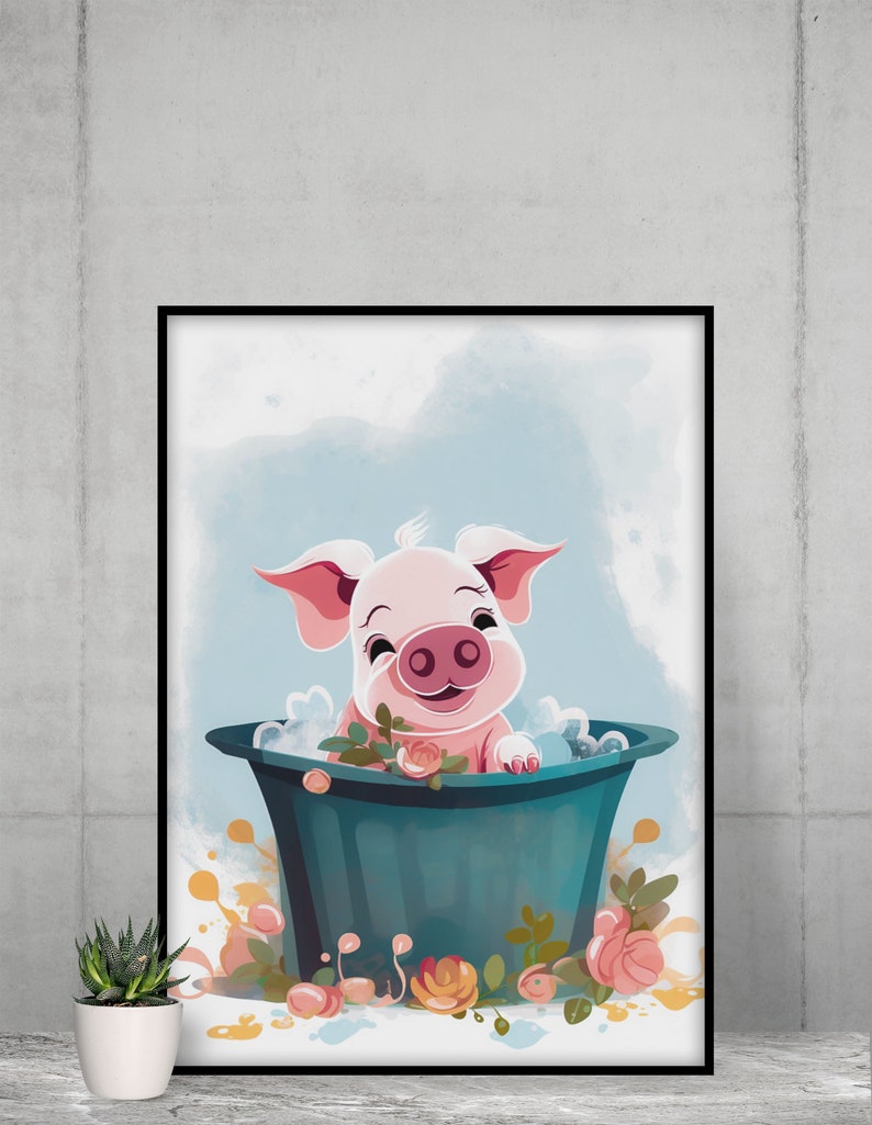 Pig in Boho Bathtub - Printable Wall Art, Funny Pig Portrait, Kids ...