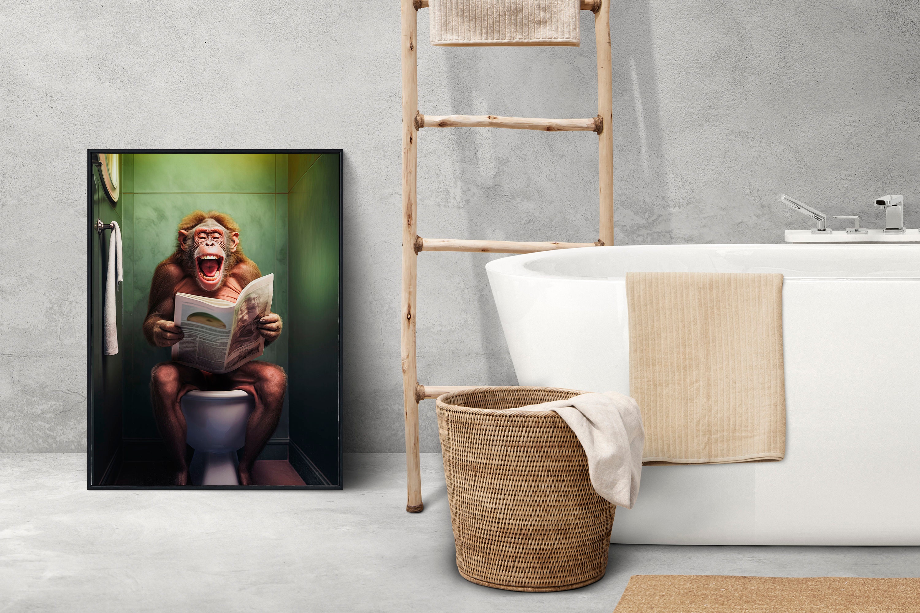 Monkey Reading Newspaper Funny Bathroom Art, Toilet Humor Decor ...