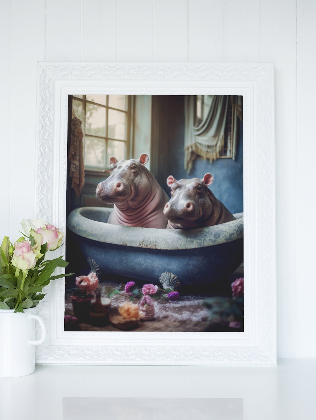 Baby Hippos in Boho Bathtub - Printable Wall Art, Hippo Photo Portrait ...