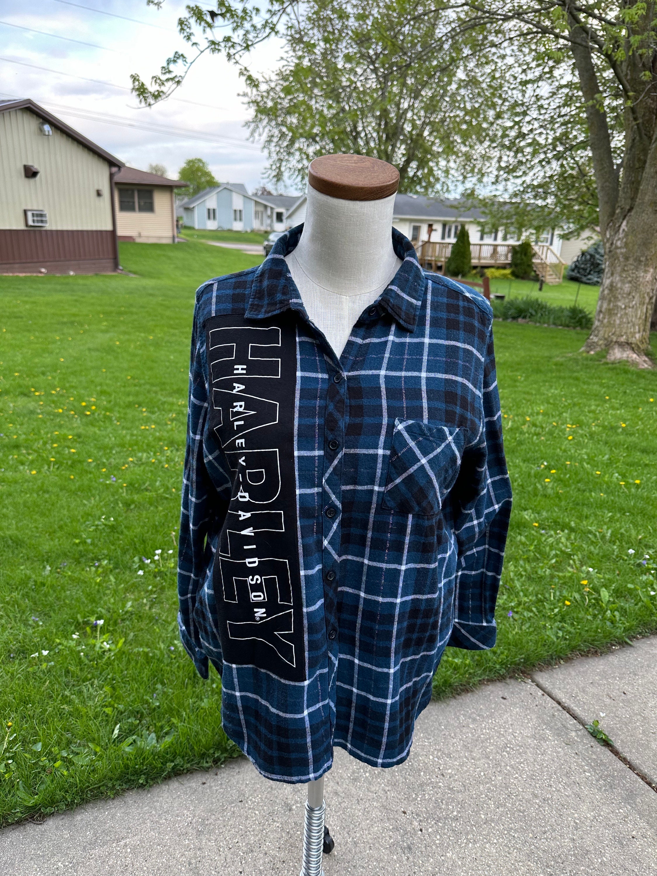 Harley Davidson 2 Logos! - Upcycled Back Patch Flannel Shirt - Women’s ...