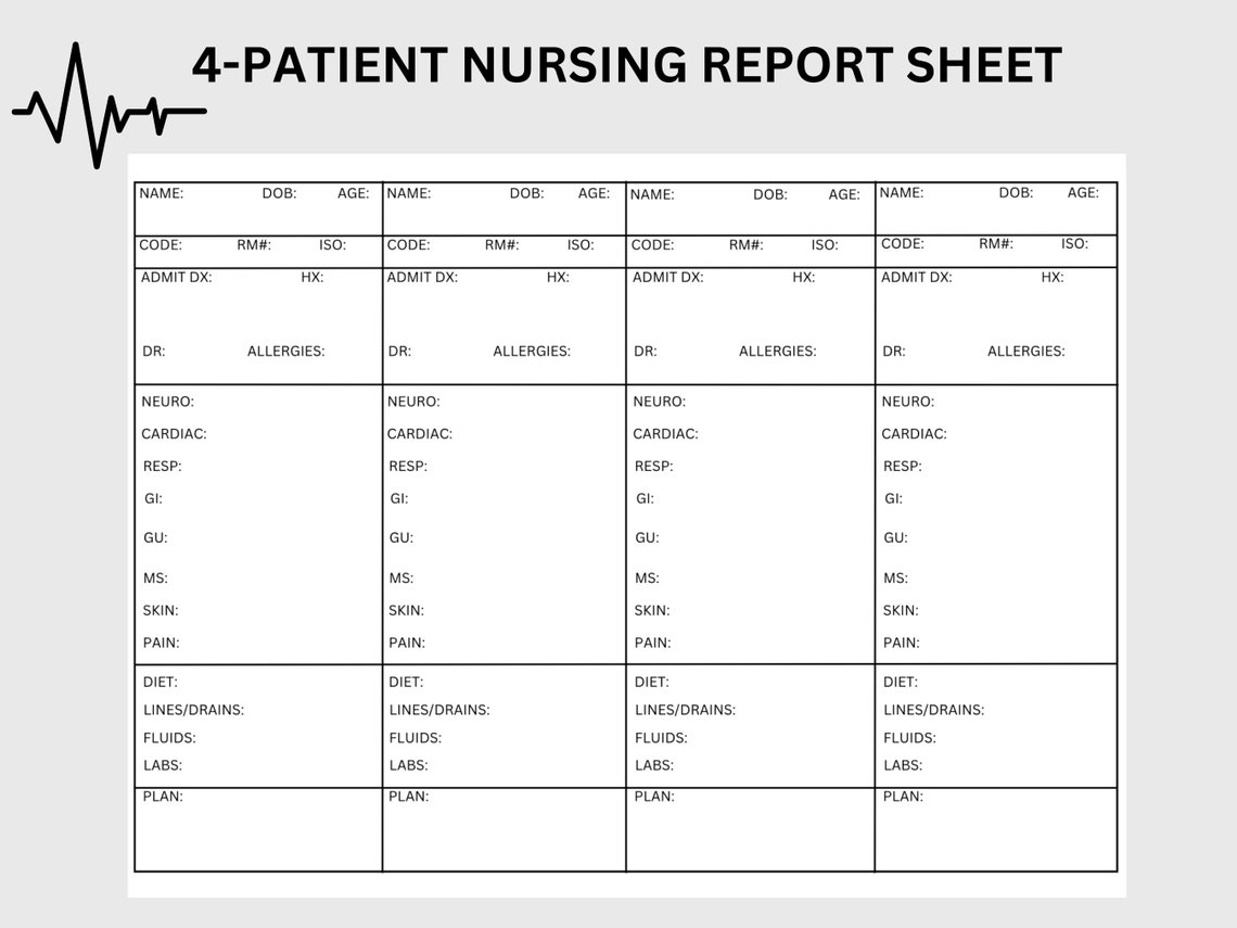 4-patient Nursing Report Sheet | Nursing Brain Sheet | Nursing Student ...