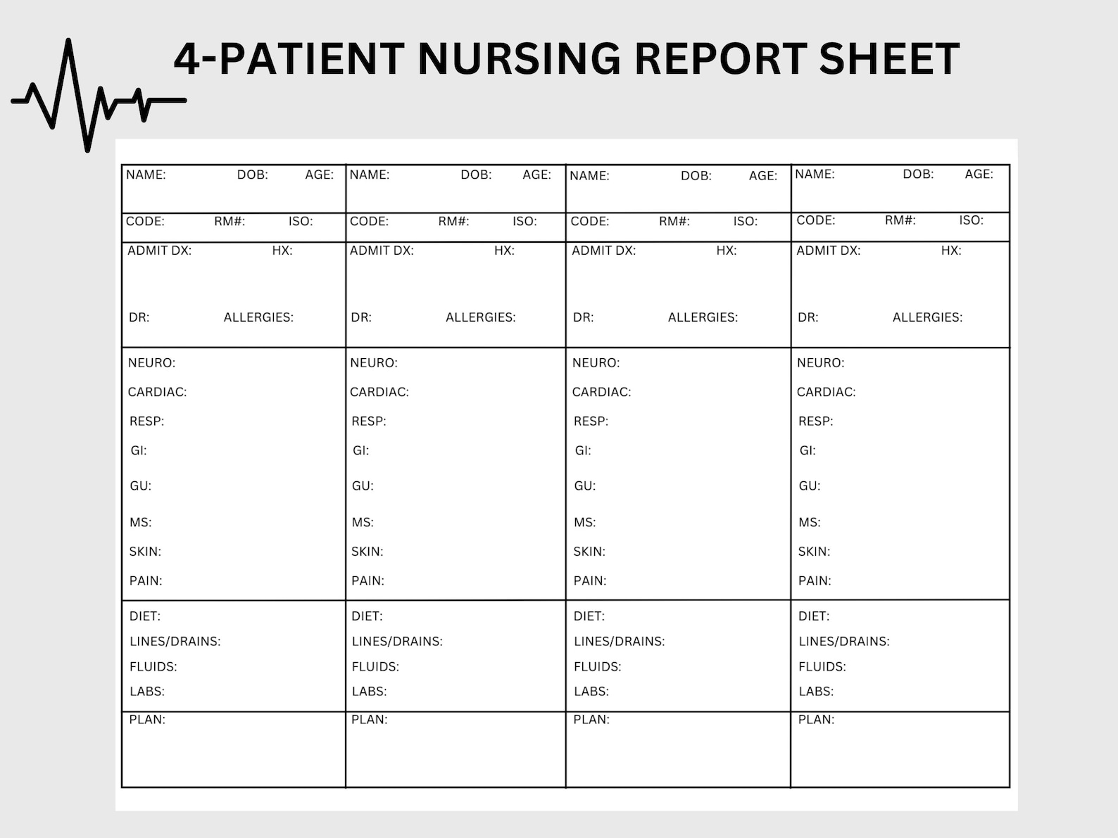 4-patient Nursing Report Sheet | Nursing Brain Sheet | Nursing Student ...