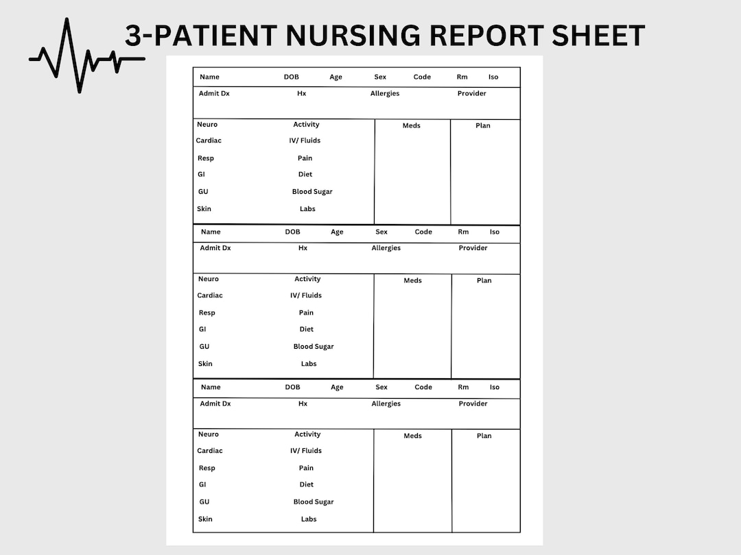 3-patient Nursing Report Sheet | Nursing Brain Sheet | Nursing Student ...