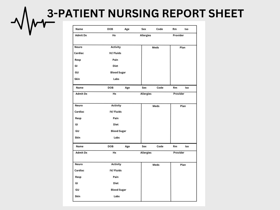 3-patient Nursing Report Sheet | Nursing Brain Sheet | Nursing Student ...