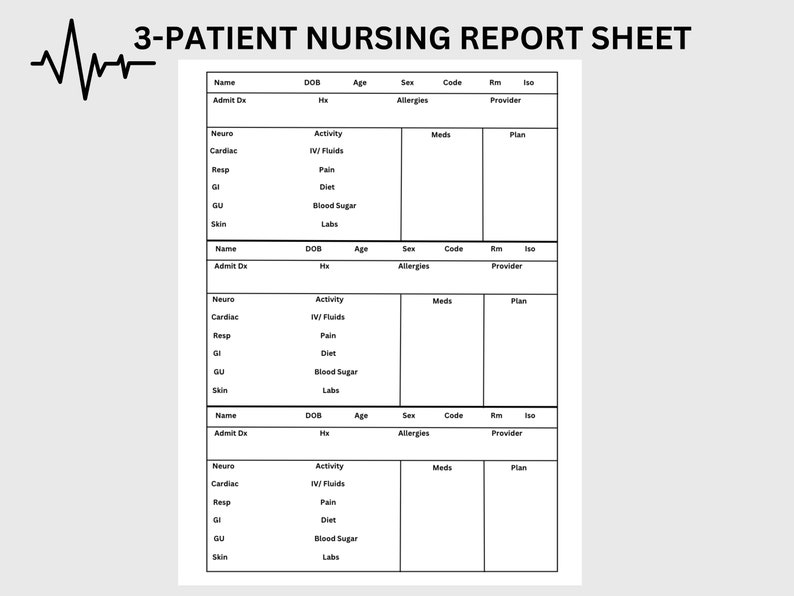 3-patient Nursing Report Sheet | Nursing Brain Sheet | Nursing Student ...