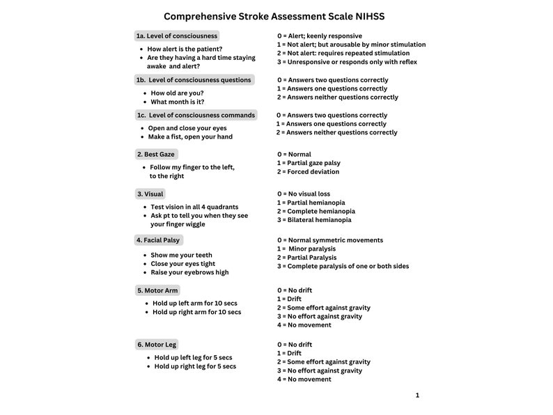 Stroke Scale, Stroke Assessment Tool, Stroke Assessment for Neuro, ER ...