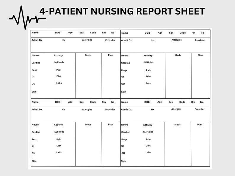 4-patient Nursing Report Sheet | Nursing Brain Sheet | Nursing Student ...