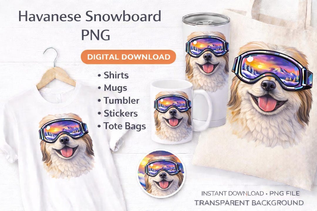 Havanese Snowboard PNG, Snowboarding Dog Graphic, Mountain Sunset ...