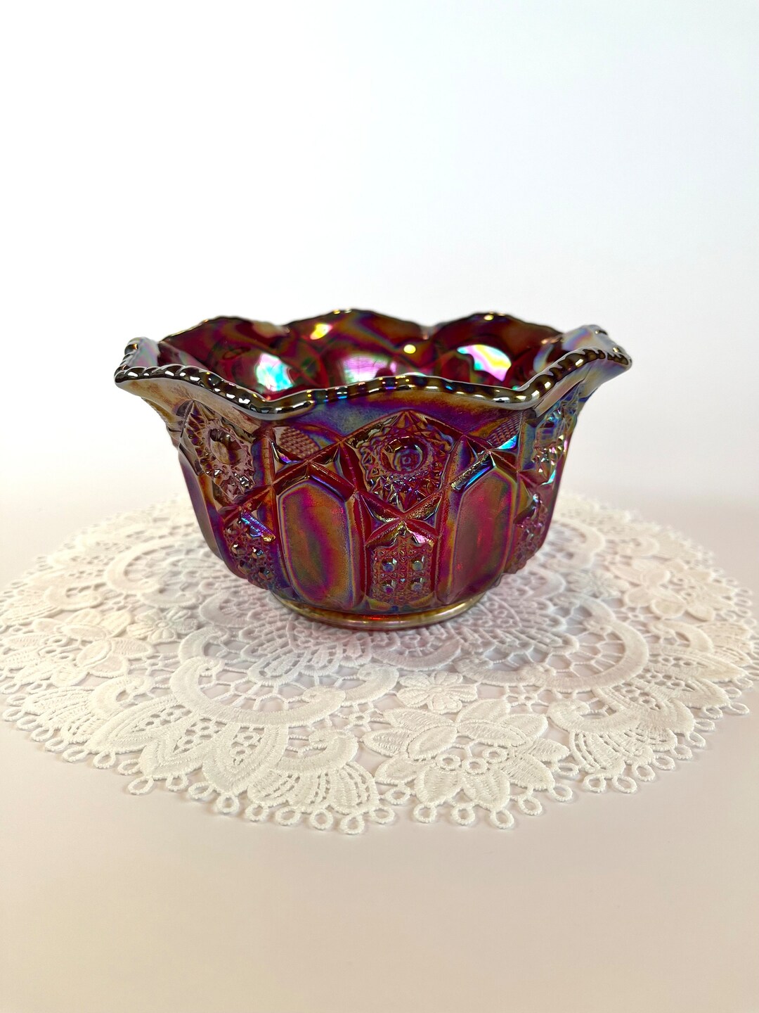 LE Smith Cranberry Red Iridescent Quintec Pattern Glass Bowl - Etsy